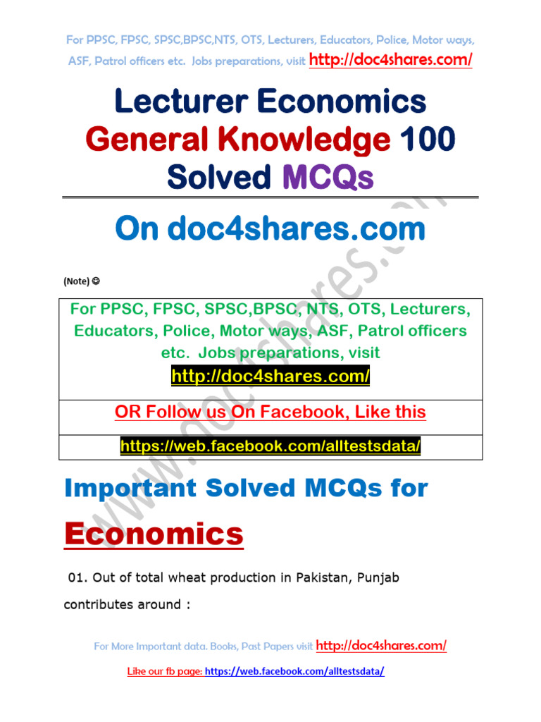 Lecturer Economics General Knowledge 100 Solved MCQs | PDF | Money | Taxes