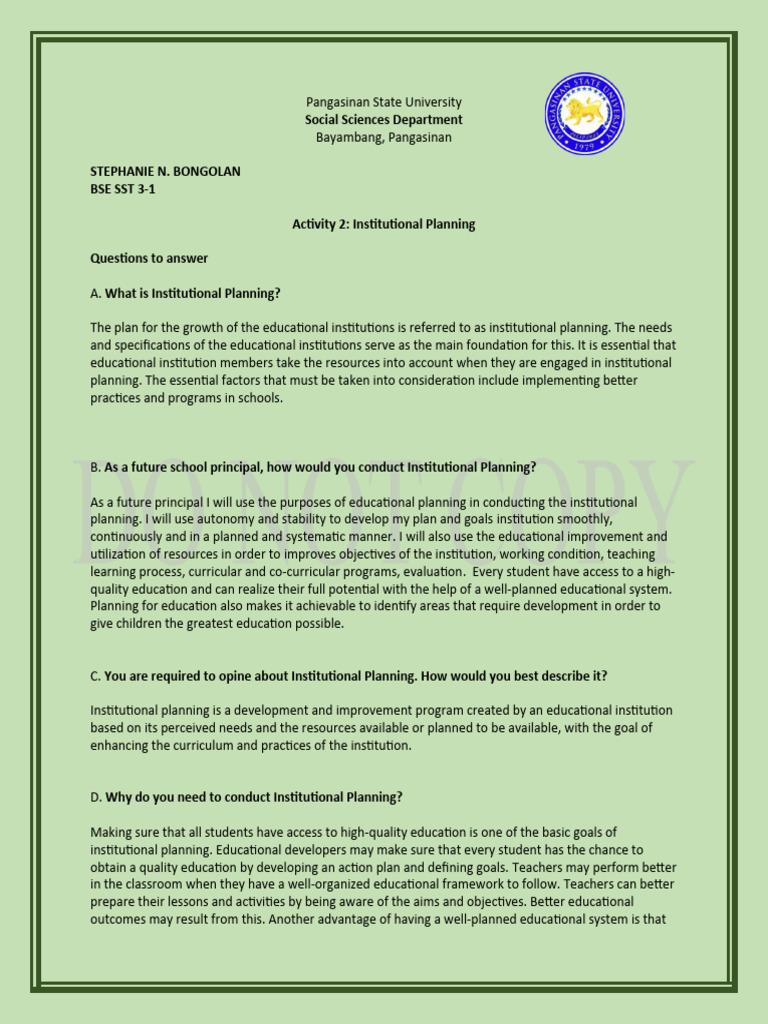 BONGOLAN, STEPHANIE N. - BSE SST 3-1 - Activity 2 Institutional Planning | PDF | Curriculum | Goal