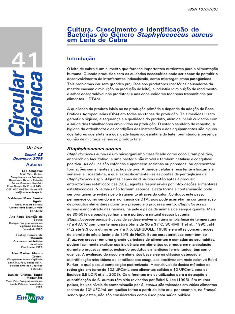 Identificação de Staphylococcus aureus no Leite de Cabra | PDF ...