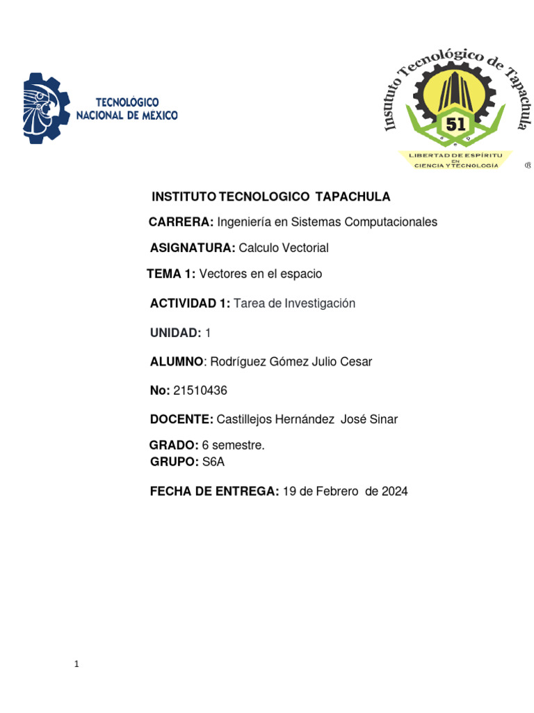 Calculo Vectorial Tema 1 Sinar Julio 2 | PDF | Vector Euclidiano | Espacio vectorial
