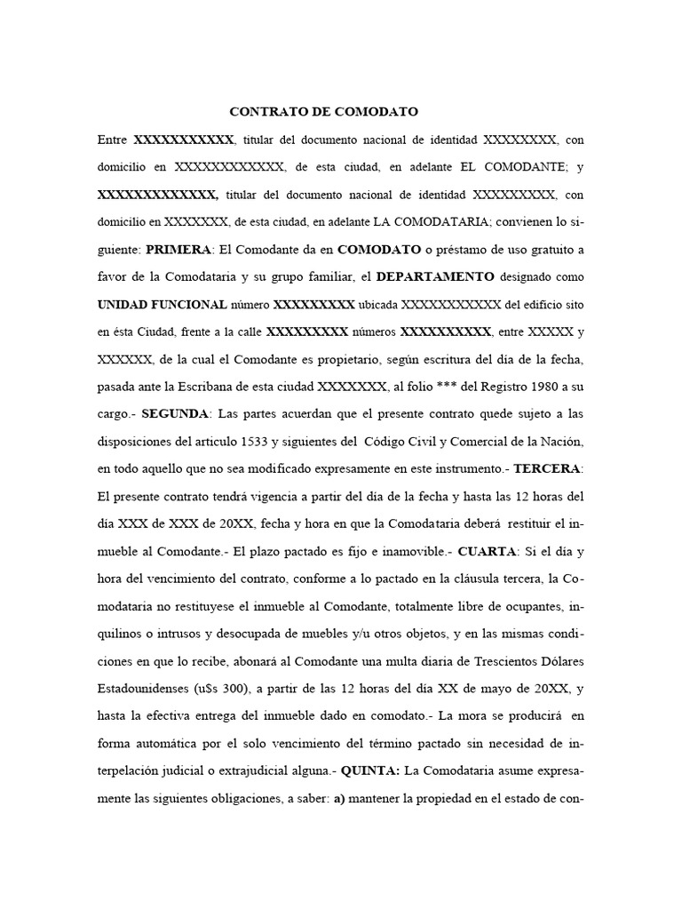 COMODATO MODELO Pasado X Escribana DIC 2020 | PDF | Hogar, jardinería y bricolaje