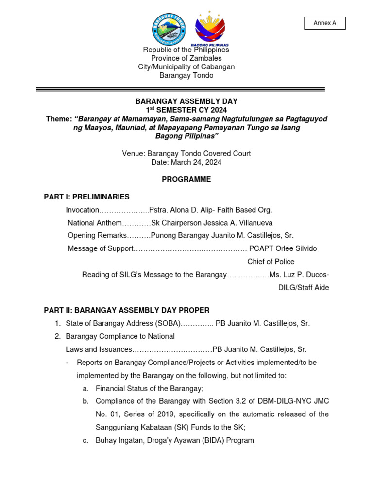 1st Semester Brgy Tondo Assembly Day 2024 | PDF