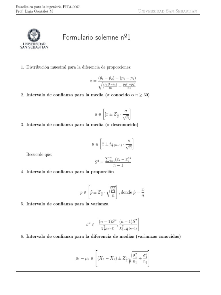 Formulario Solemne 1 FITA0067 | PDF | Intervalo de confianza | Teoría estadística
