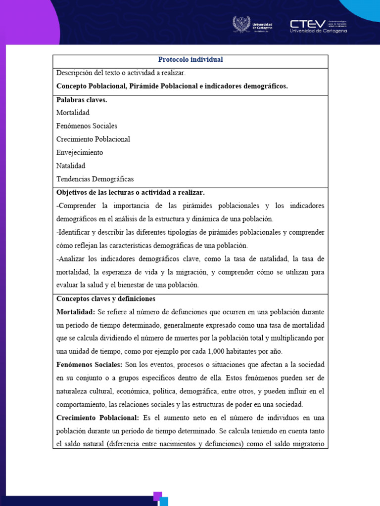 Protocolo Individual Demografia Unidad 2 | PDF | Demografía | Población