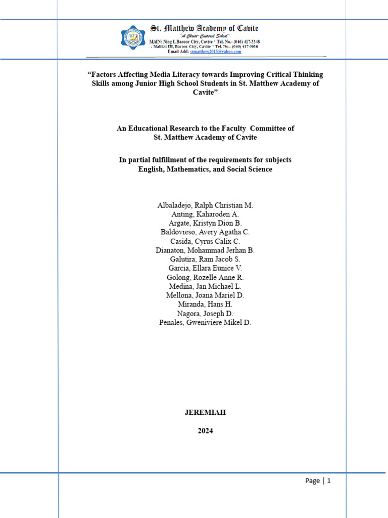 Factors Affecting Media Literacy Towards Improving Critical Thinking Skills Among Junior High ...