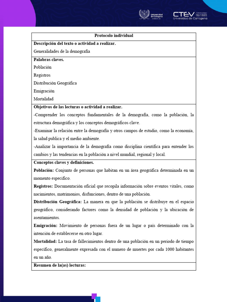 PROTOCOLO INDIVIDUAL UNIDAD 1 DEMOGRAFIA | PDF | Población | Demografía