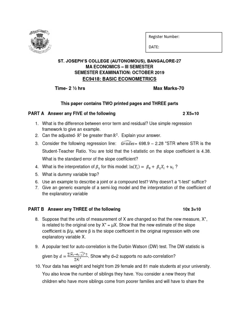Economics EC 9418 Basic Econometrics October 2019 C | PDF | F Test ...