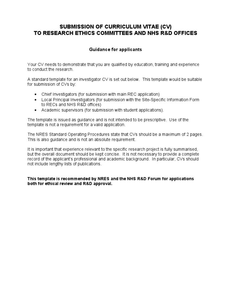 CV Submission Guidelines for Research Ethics | PDF