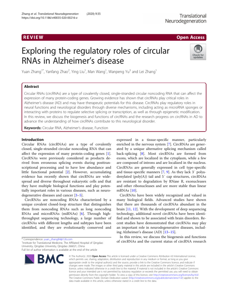 Exploring The Regulatory Roles of Circular RNAs in Alzheimer's Disease | PDF | Rna Splicing | Intron
