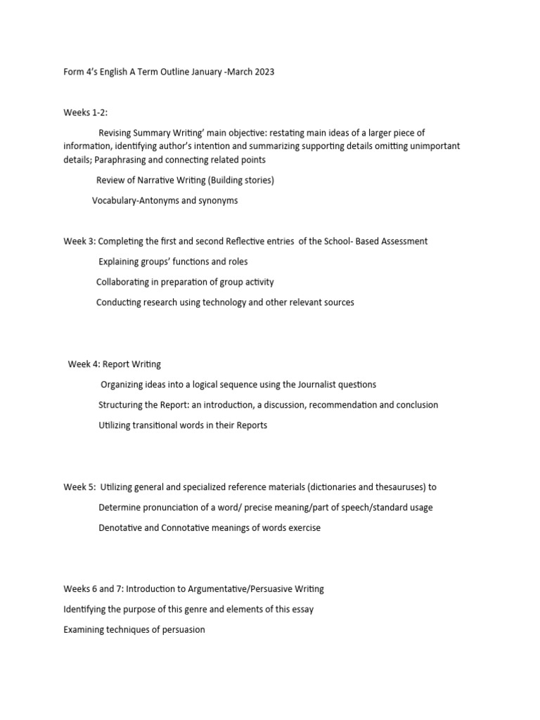 Form 4 English A Term 2 Outline 2023 | PDF