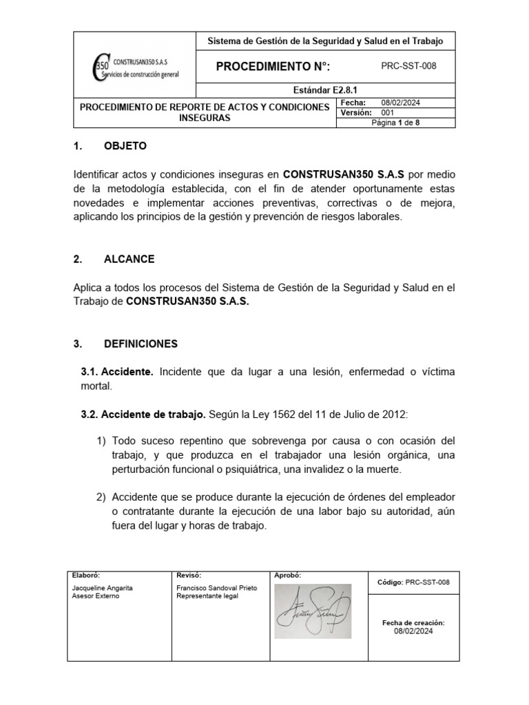 PRC-SST-008 Procedimiento Reporte de Actos y Condiciones Inseguras | PDF | Peligros