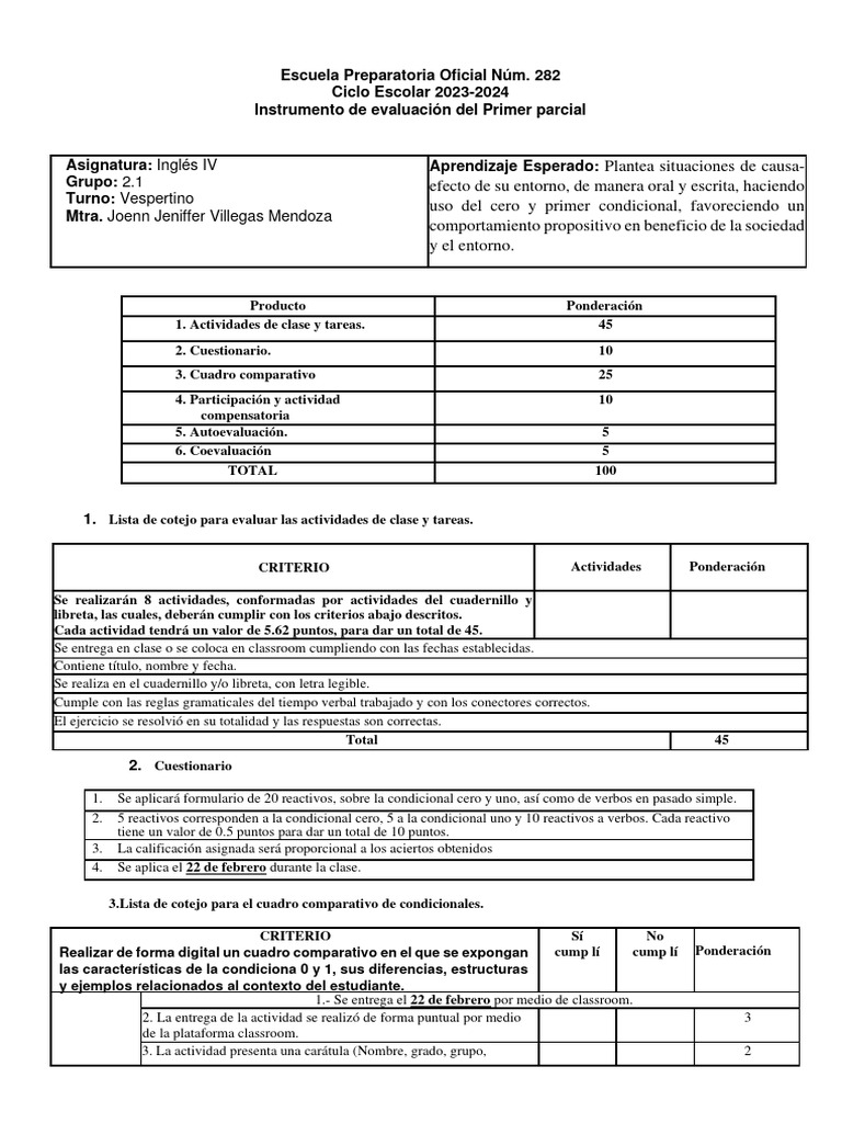 Vinstrumento Primer Parcial Ingl-S IV 2.1 | PDF