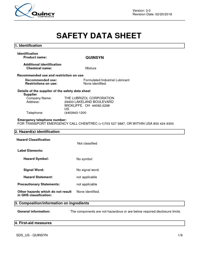 Quinsyn (Us-Sds) | PDF | Personal Protective Equipment | Toxicity