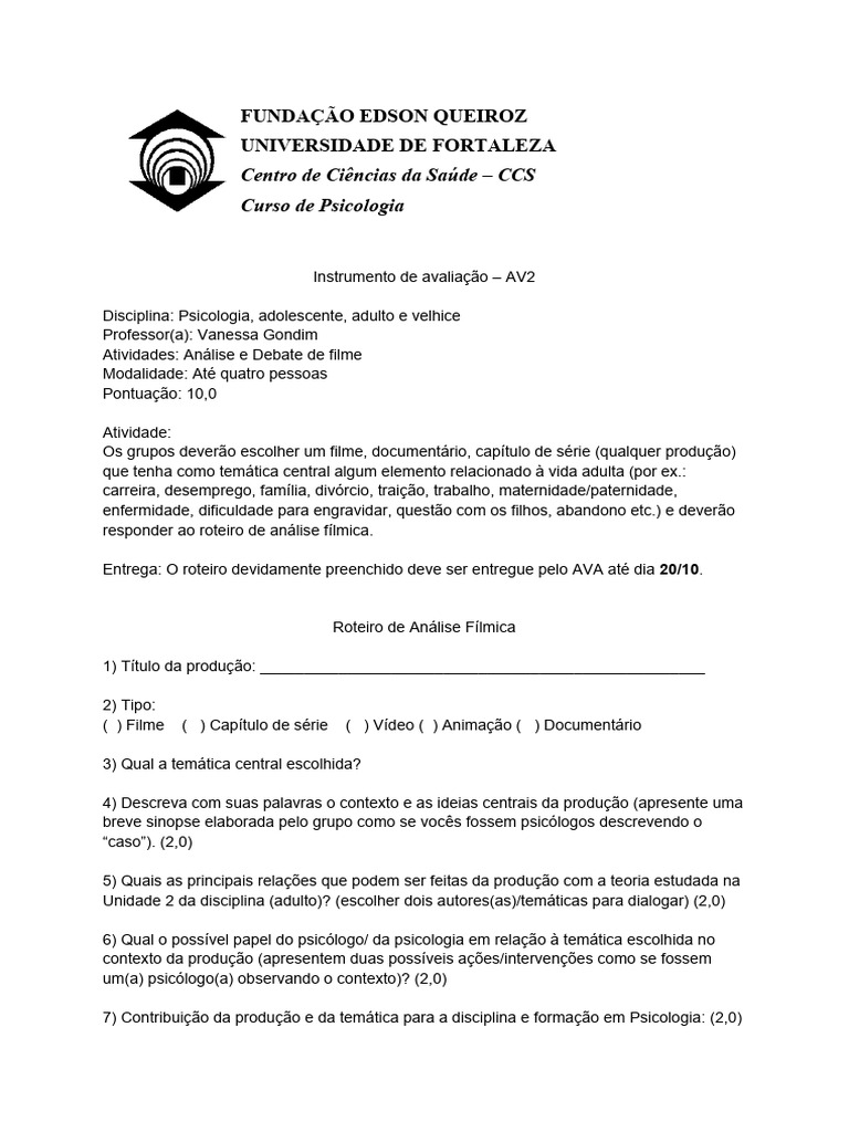 AV2 Roteiro Análise Do Filme | PDF | Psicologia