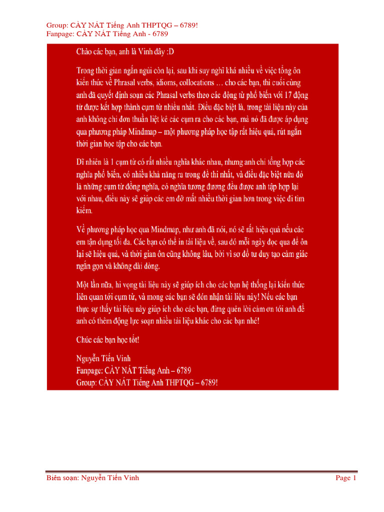 CÁC PHRASAL VERBS VÀ CỤM TỪ CỐ ĐỊNH QUA MINDMAP - NGUYỄN TIẾN VINH | PDF