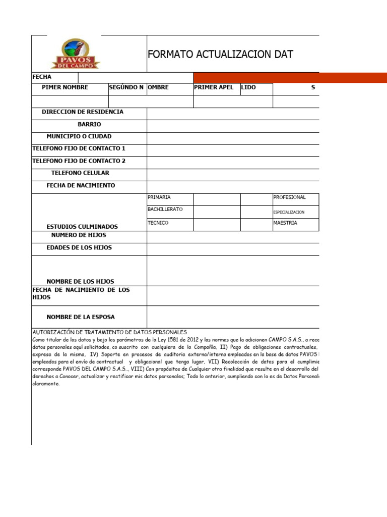 FORMATO ACTUALIZACION DE DATOS EMPLEADOS Pavos | PDF FORMATO ACTUALIZACION DE DATOS EMPLEADOS Pavos | PDF