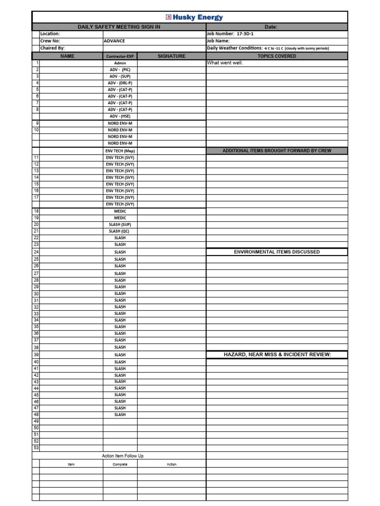 Daily Safety Meeting Sign-In Sheet | PDF