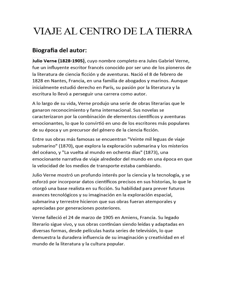 Biografía y Análisis de "Viaje al Centro de la Tierra" | PDF | Julio Verne