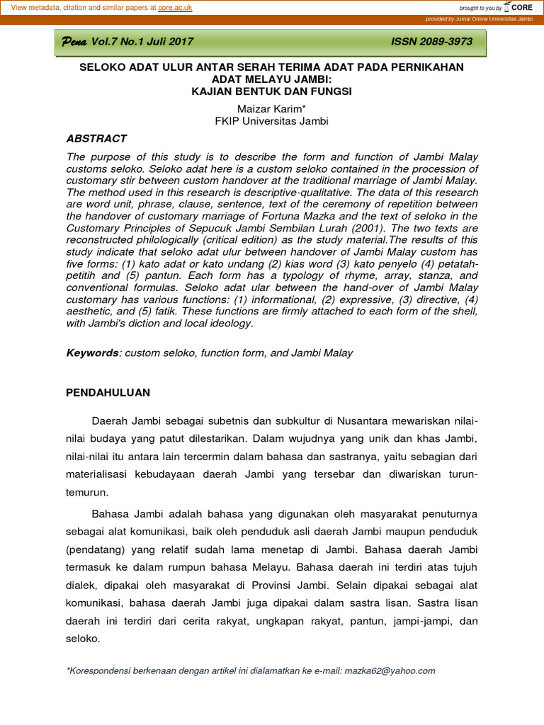 Seloko Adat Ulur Antar Serah Terima Adat Pada Pernikahan Adat Melayu Jambi: Kajian Bentuk Dan ...