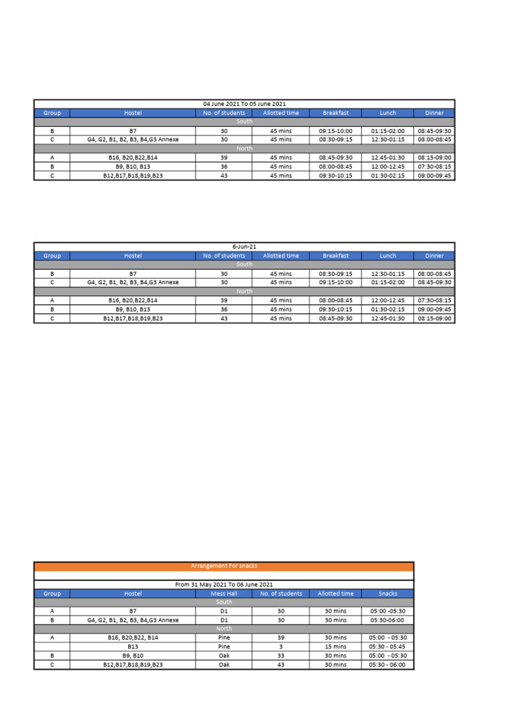Mess Timings 03 - 06 - 2021 | PDF
