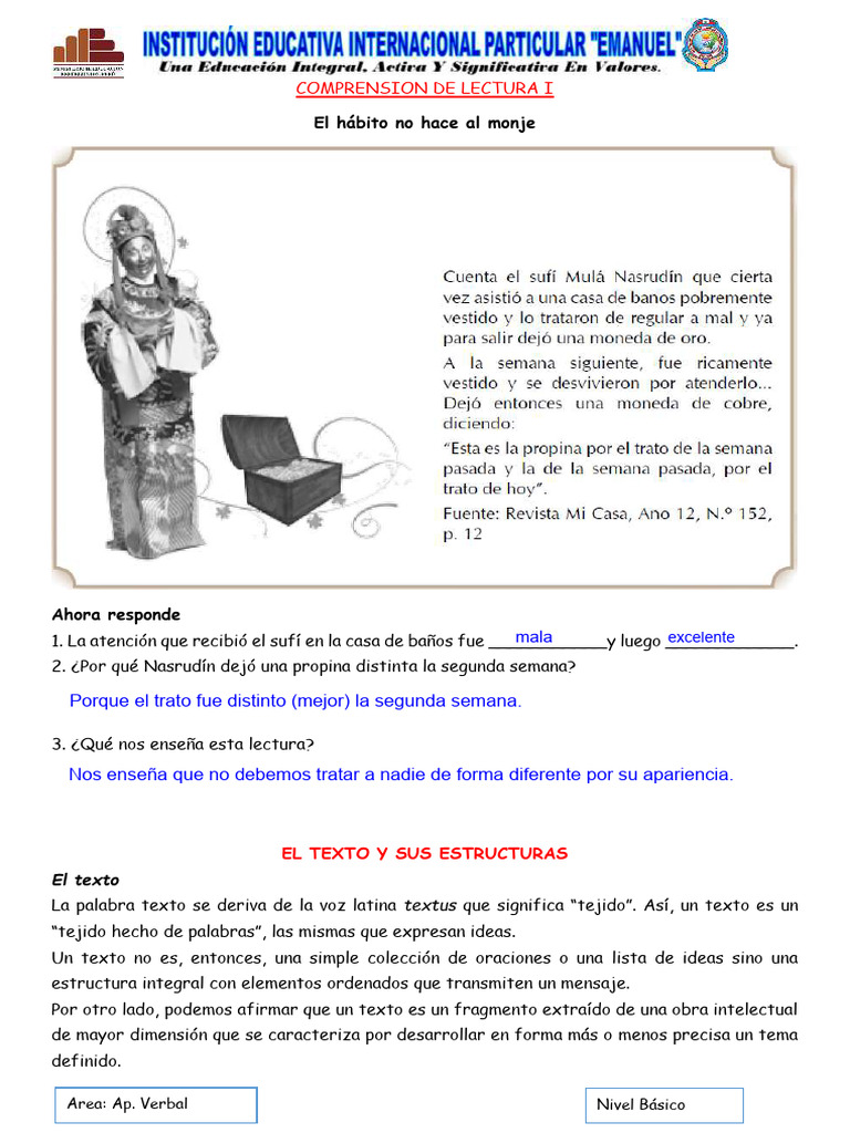 Comprensión de Lectura I - Sesión 01 - RV - Básico | PDF | Verbo | Infantes