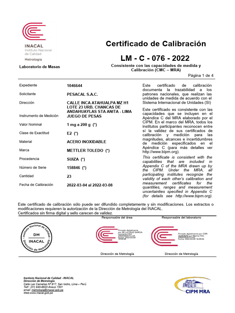 Certificado de Calibración de Pesas | PDF | Metrología | Calibración