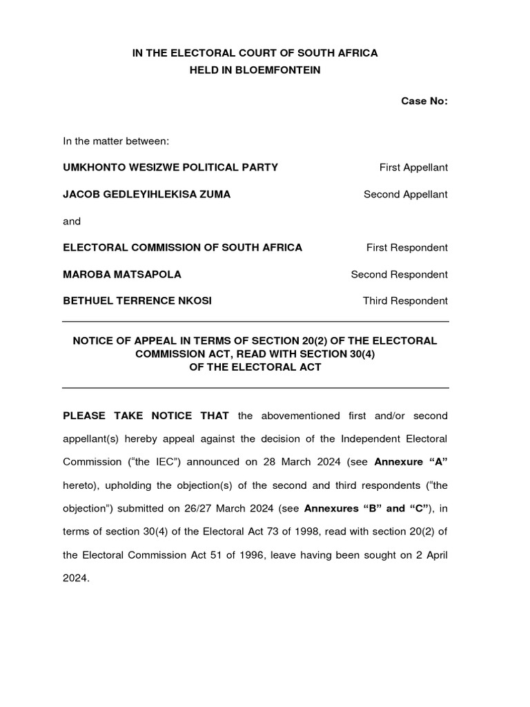 MK Notice of Appeal in Electoral Court PDF | PDF | Pardon | Contempt Of ...