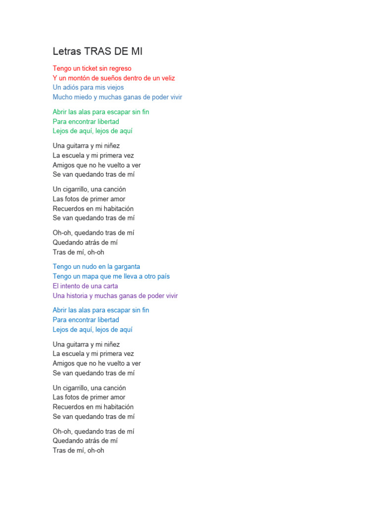 Letras de "Tras de mí" de RBD | PDF