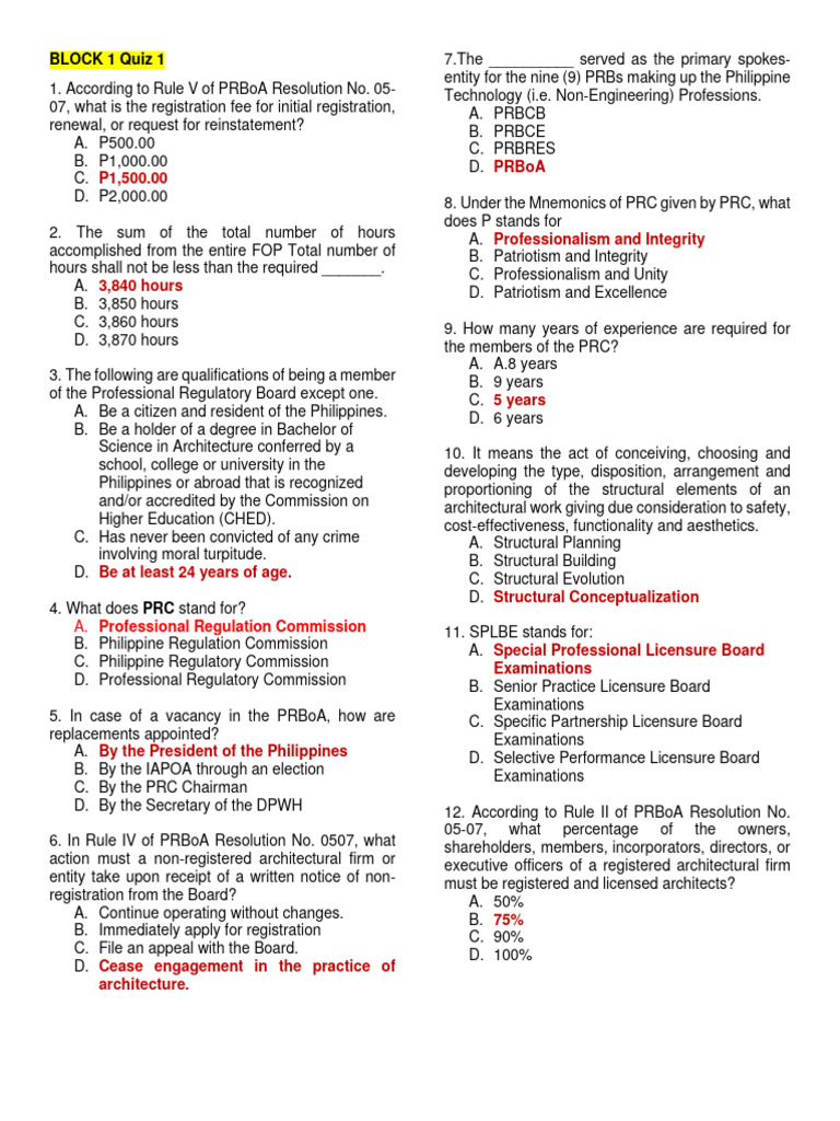 PRBoA Quiz on Architecture Regulations | PDF | Architect