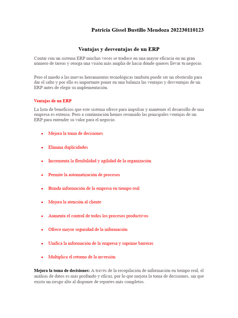 Ventajas y Desventajas de Un ERP | PDF | Planificación de recursos empresariales | Business