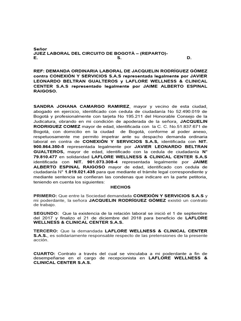 Demanda Laboral de Jacqueline Rodriguez Vs Conexion y Servicios S.A.S. | PDF | Derecho laboral ...