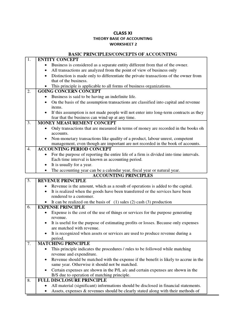 CBSE Class 11 Accountancy Worksheet - Theory Base of Accounting ...