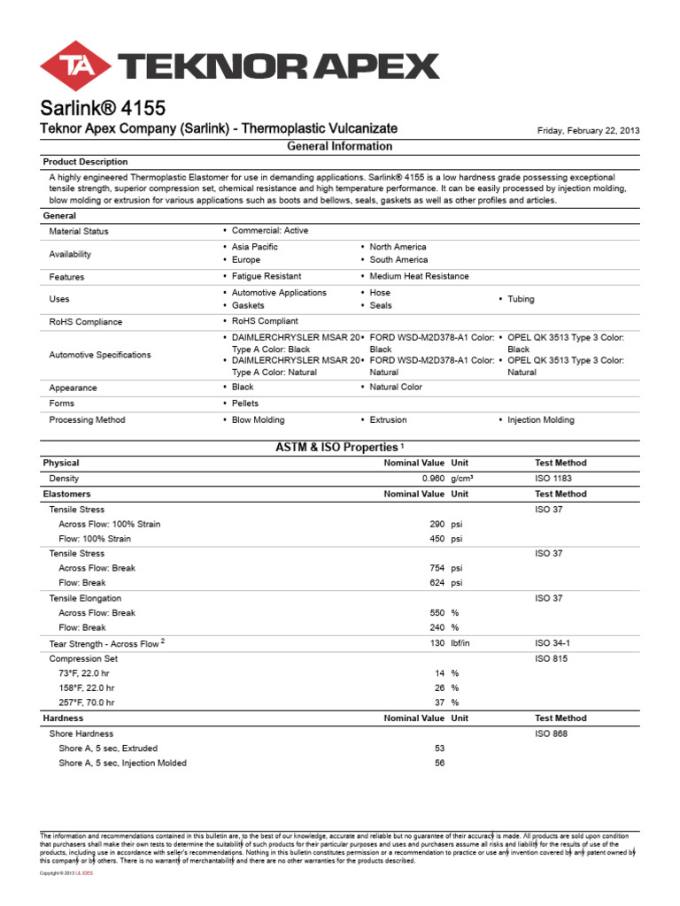TPE-TPV Sarlink 4155 Teknor Apex - 2013 | PDF | Extrusion | Mechanical Engineering