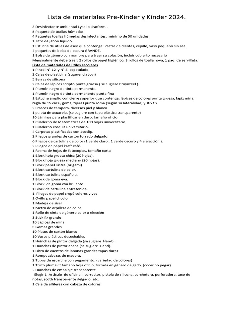 PK Kinder Lista Utiles 2024 | PDF | Papel | Materiales de Conservación ...