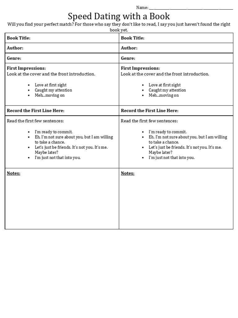 Book Speed Dating Activity Worksheet | PDF