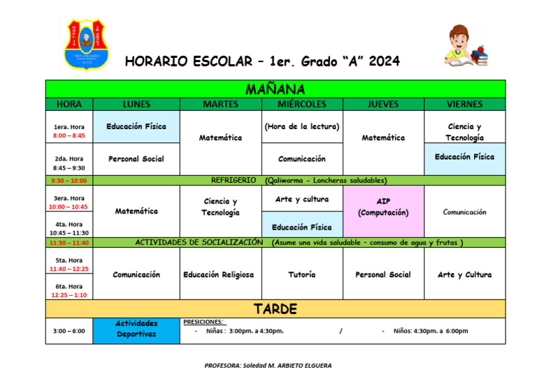 Horario Escolar - 1er - Grado - A-2024 | PDF | Ciencias sociales ...