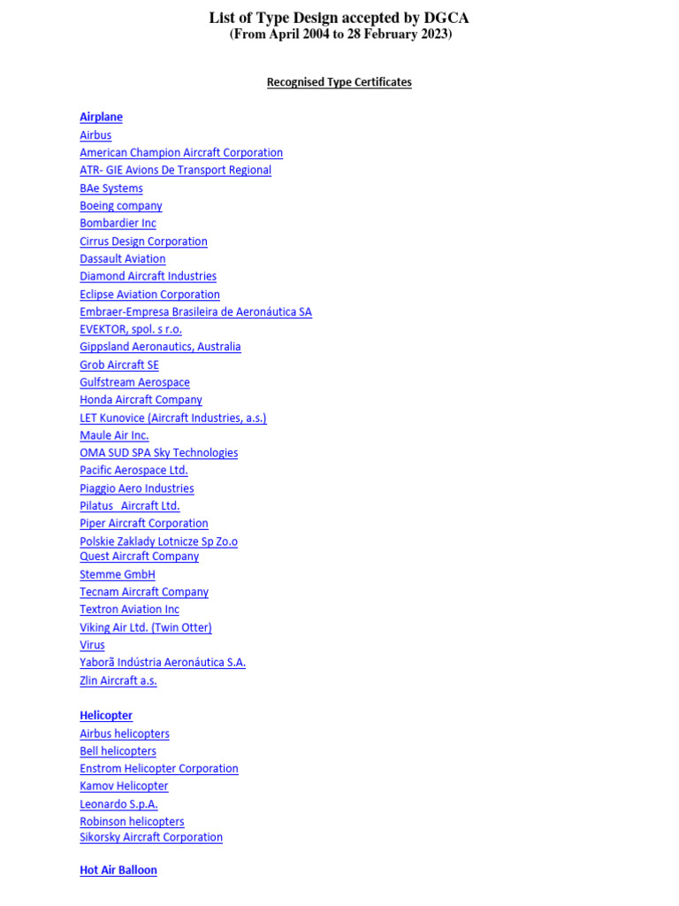 DGCA Accepted Type Designs List | PDF | Cessna | Aircraft
