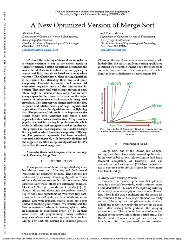 A New Optimized Version Of Merge Sort Pdf Computer Programming Computer Engineering