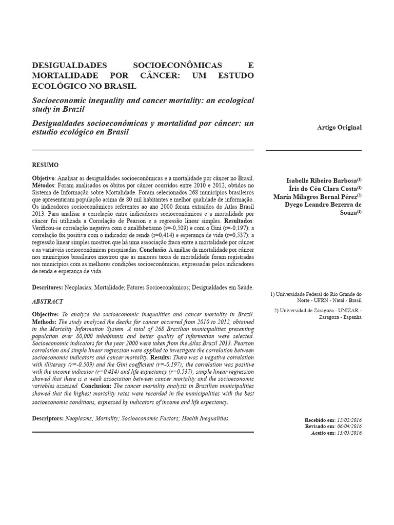Admin, 5 Artigo - DESIGUALDADES SOCIOECONÔMICAS - Isabelle | PDF | Câncer | Pobreza