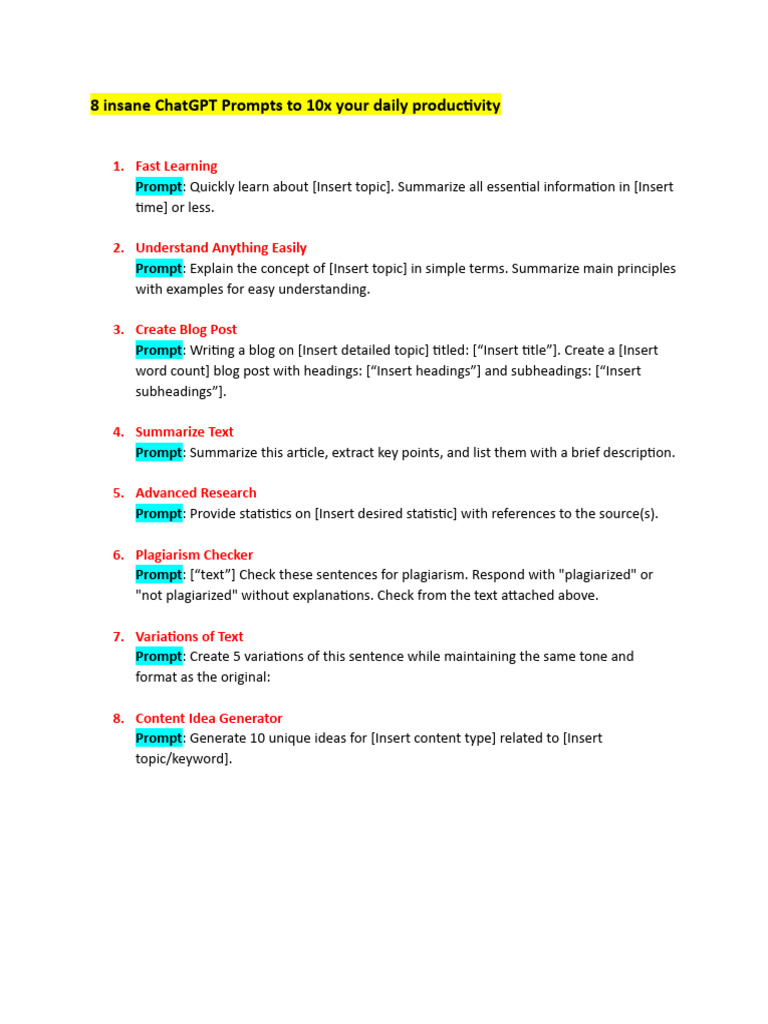 8 Insane ChatGPT Prompts To 10x Your Daily Productivity | PDF