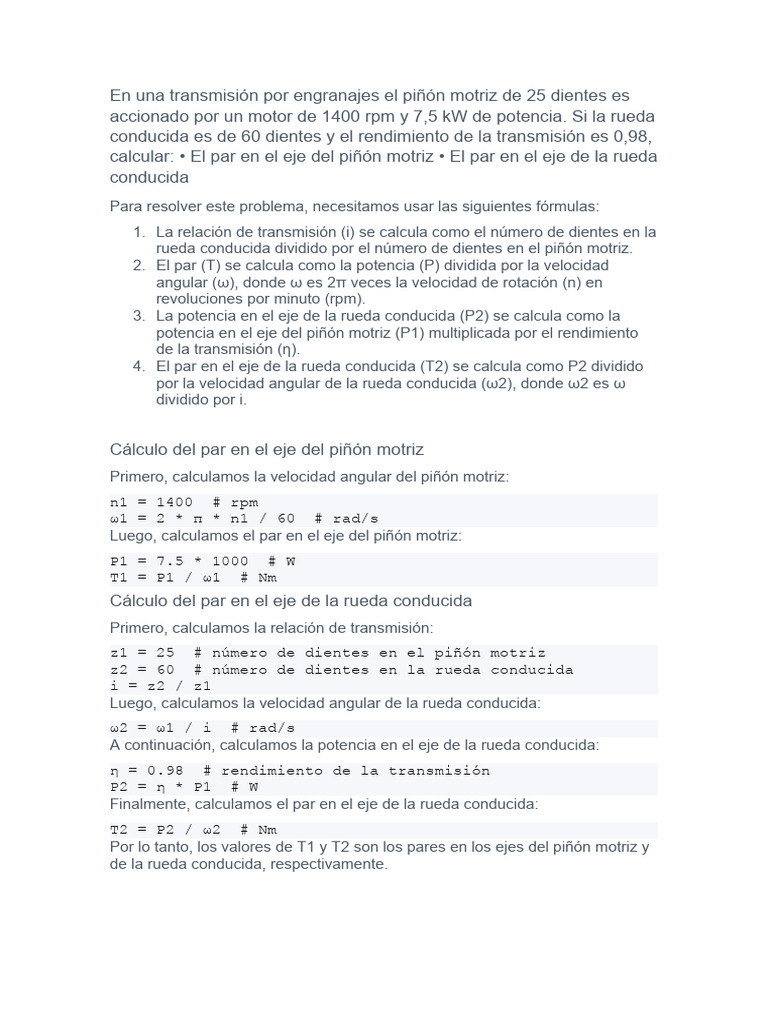 Ejercicio 4 Par en El Eje Motriz y Conducida | PDF