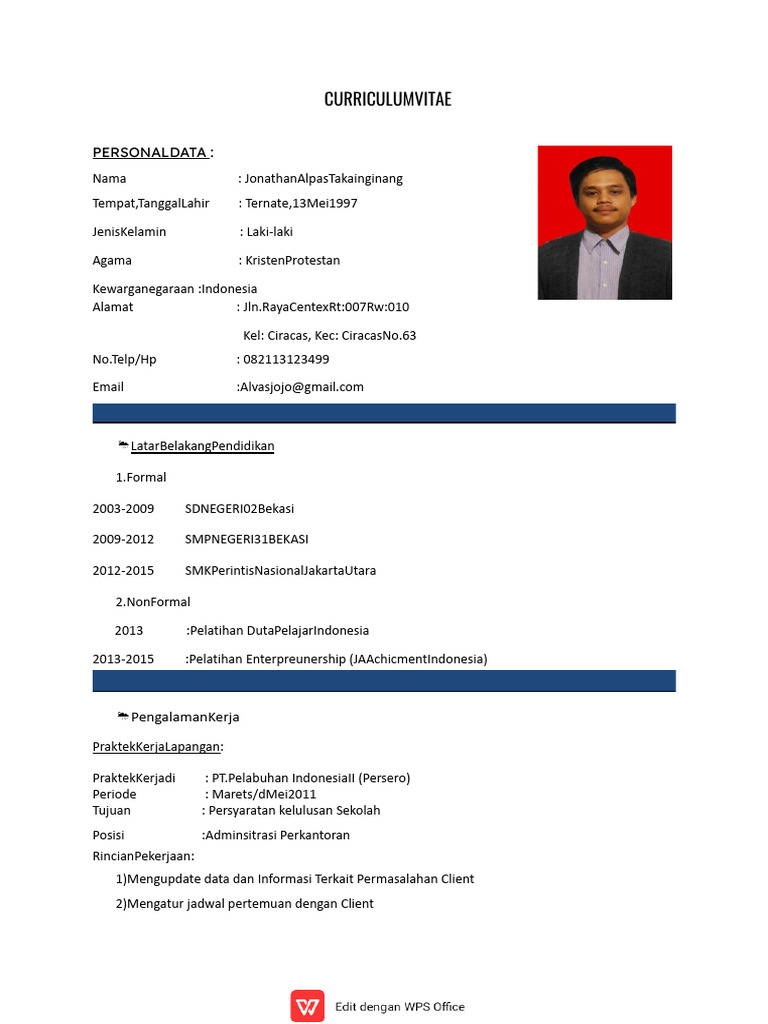 CV Jonathan Alpas Takainginang | PDF