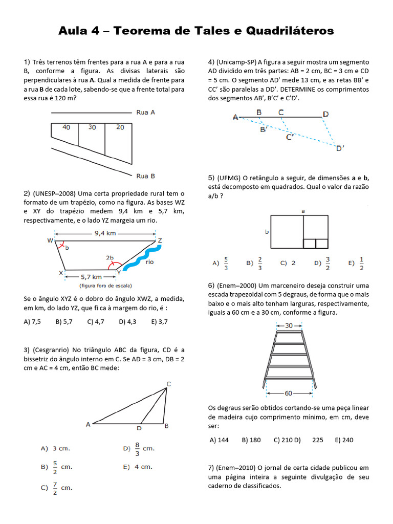 Lista de Exercícios - Teorema de Tales | PDF | Geometria Clássica ...