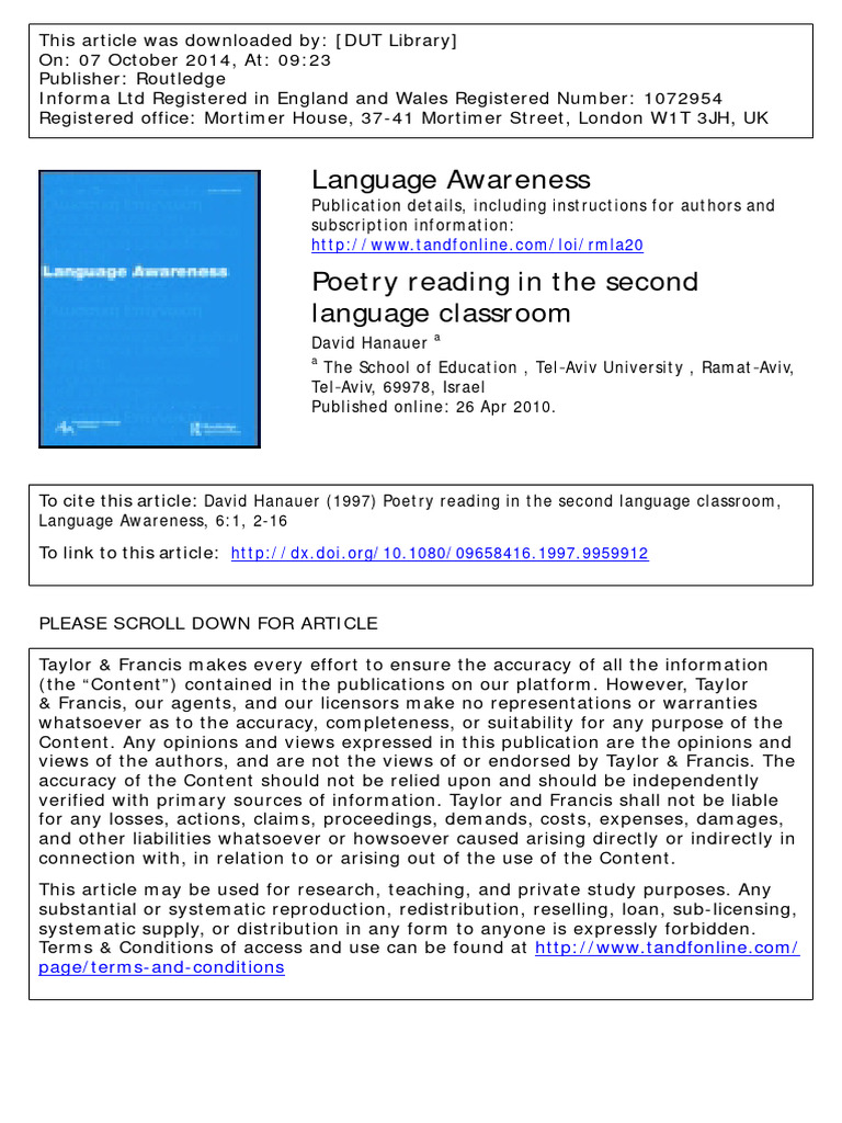 Hanauer - Poetry Reading in The Second | PDF | Second Language Acquisition | Learning