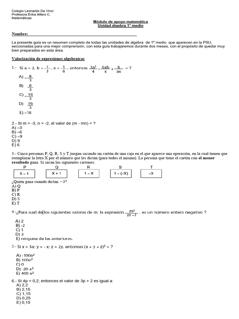 Guia de Algebra 1 Medio | PDF | Factorización | Aritmética