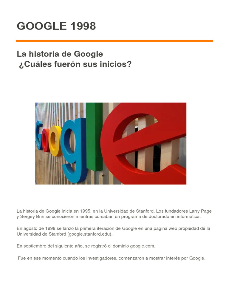Historia de Google: Inicios en 1998 | PDF | ciberespacio | Sitios web