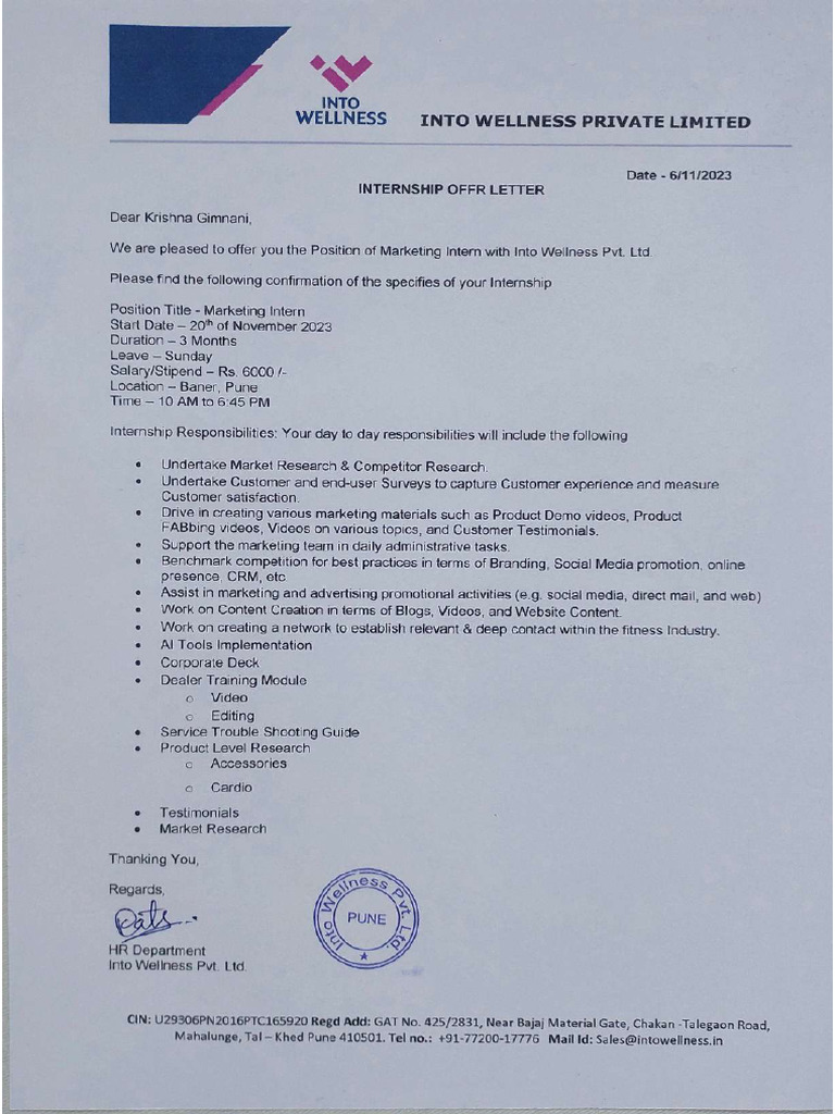 Into Wellness Offer Letter - Krishna Gimnani 2 | PDF