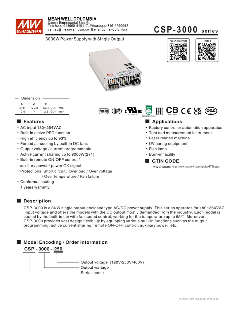 CSP 3000 Spec | PDF | Power Supply | Rectifier