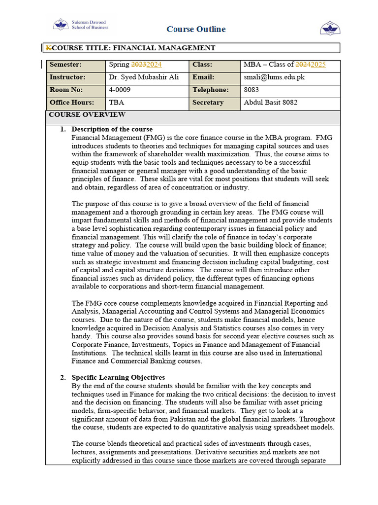 FMG MBA 2025 Spring - Course Outline Updated 1 Jan 2023 S.M. Ali. | PDF ...
