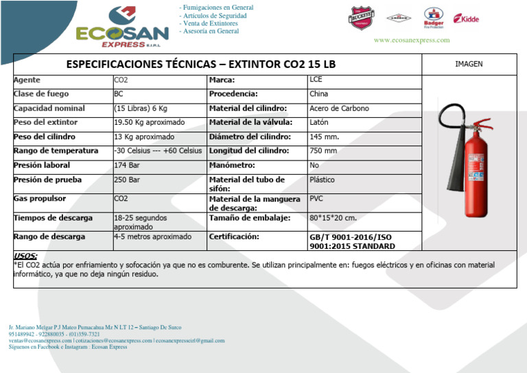 FT Extintor Co2 15 Libras - Ecosan Express | PDF | Materiales